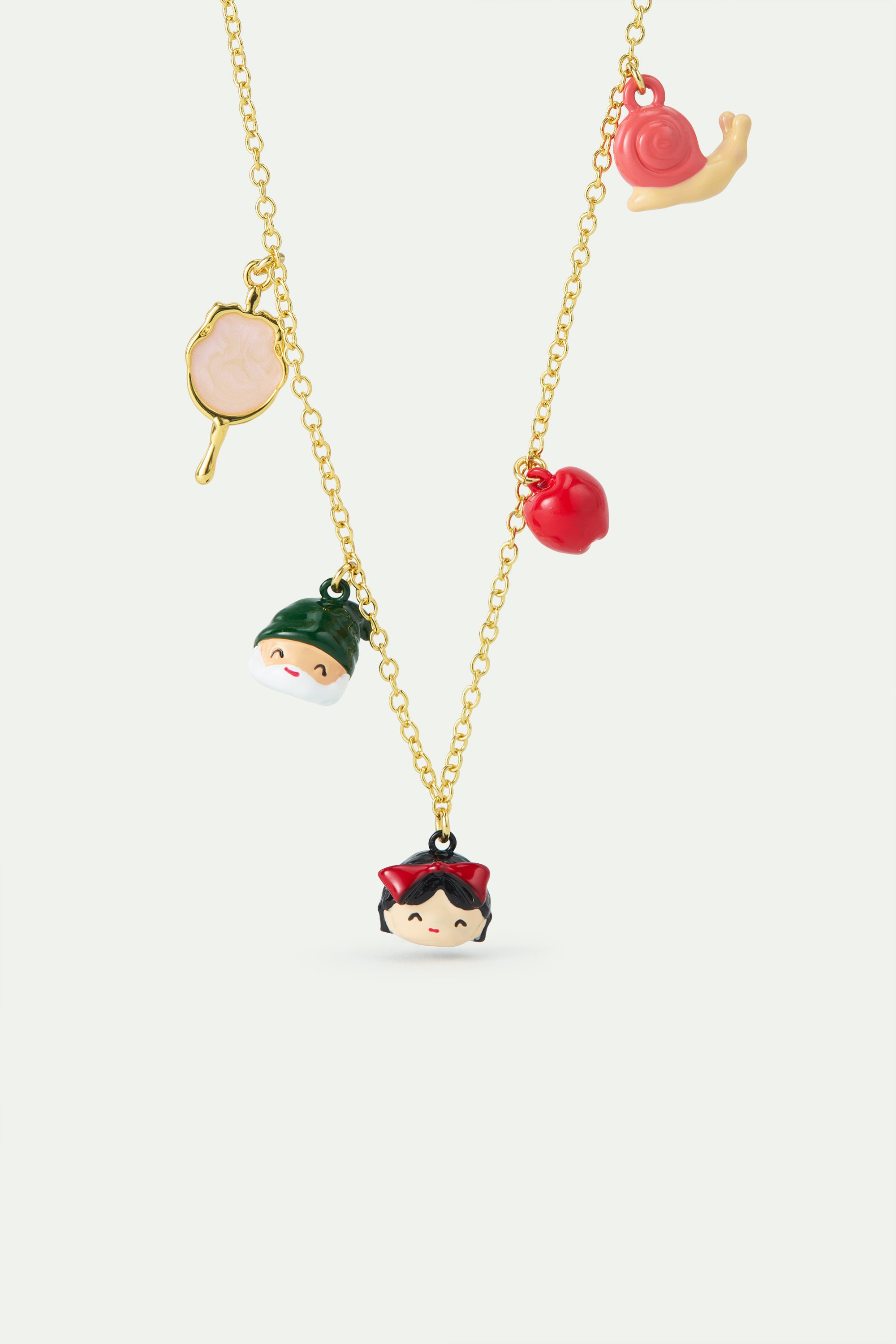 Collier pendentif Blanche-Neige, nain, miroir, pomme et escargot